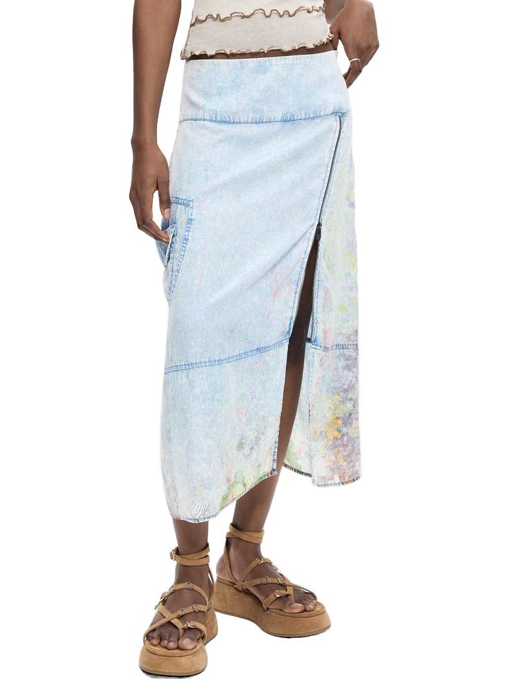 DESIGUAL Desigual Graphic Print Straight Midi Denim Skirt